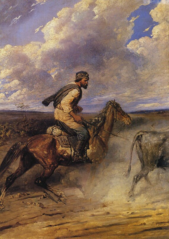 Russian Cowboy Cow Farm Cattle Painting by Sokolov Repro | Etsy