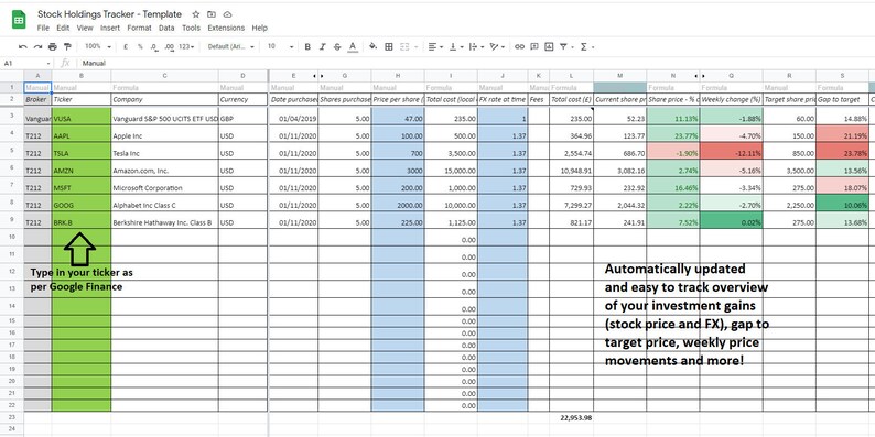 Stock Holdings Tracker Spreadsheet Template With Automatic | Etsy