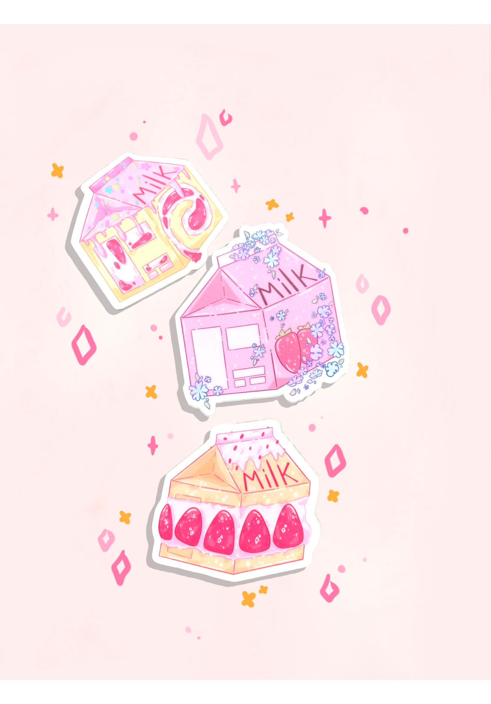 Cute Strawberry Stickers/ Strawberry Milk, Roll/swiss Cake, Fruit ...