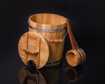 Wooden Steamer Bucket, Oak Bucket With Lid, Sauna Broom Accessories ...