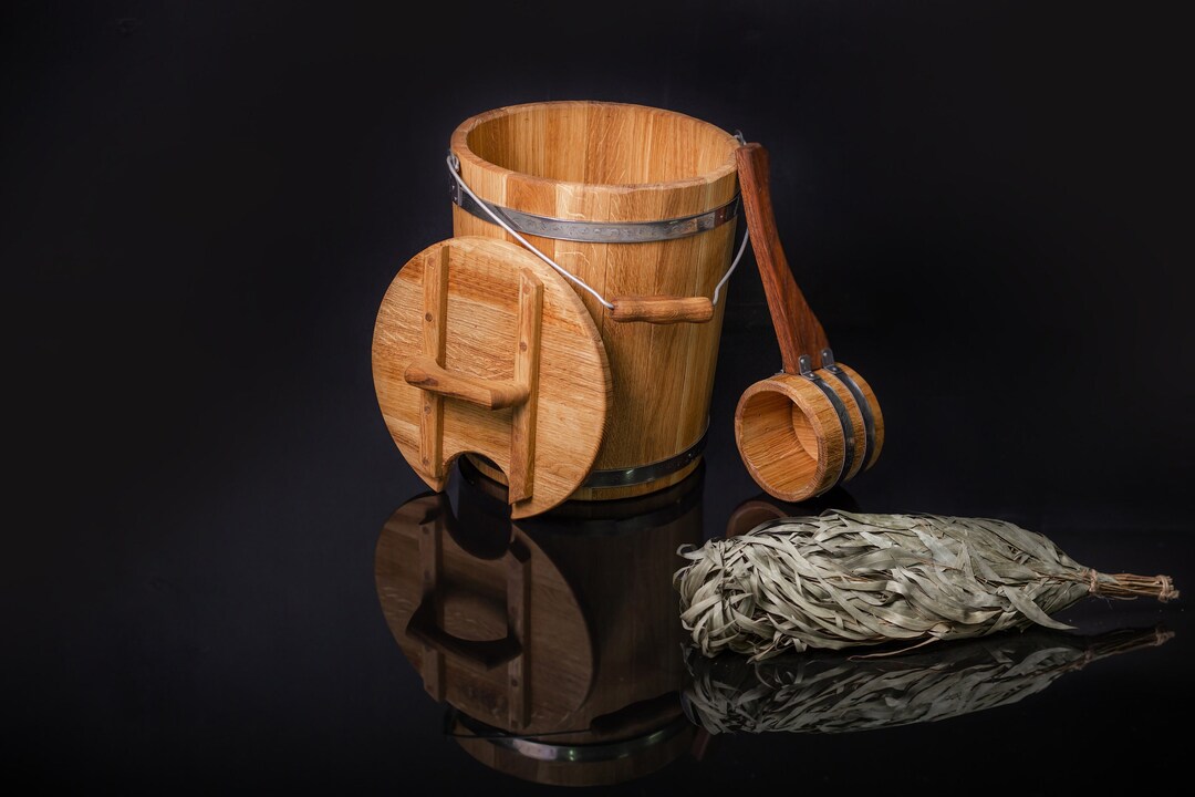 Sauna Broom Wooden Steamer Bucket, Oak Bucket With Lid, Sauna ...