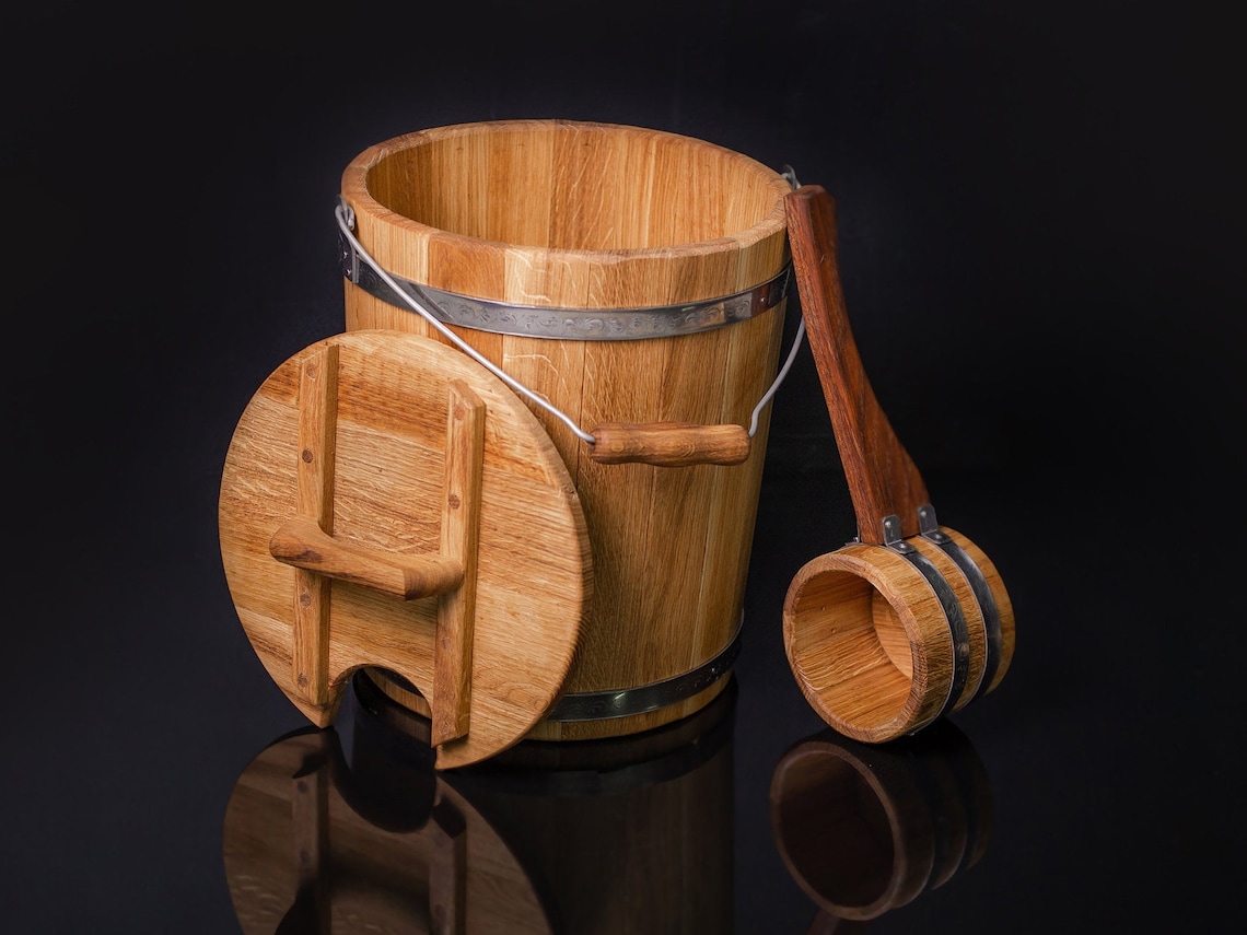 Wooden Steamer Bucket, Oak Bucket With Lid, Sauna Broom Accessories ...