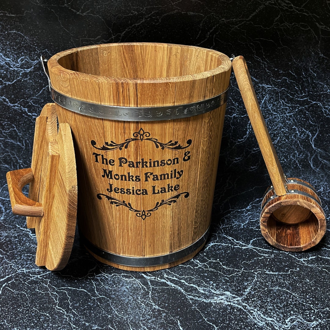 Personalized Oak Bucket With Lid, Sauna Broom Wooden Steamer Bucket ...