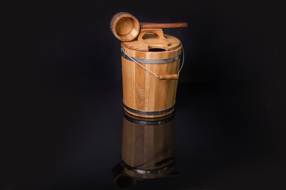 Wood Bath Bucket With Lid, Oak Bucket With Lid, Sauna Broom Wooden ...