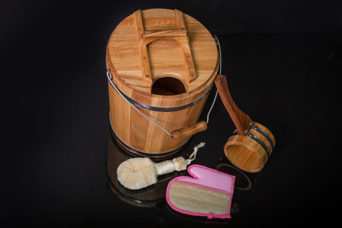 Wood Bath Bucket With Lid Oak Bucket With Lid Sauna Broom | Etsy