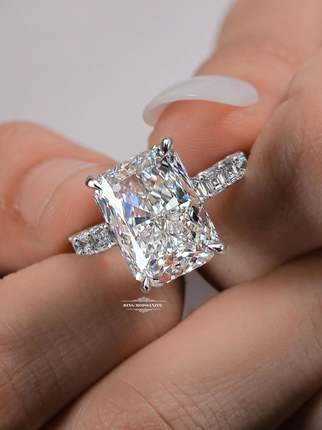 12.5CT Radiant Cut Moissanite Engagement Ring,hidden Halo Wide Eternity ...
