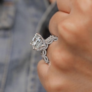 9.9 CT Large Emerald Cut Moissanite Ring Big Solitaire Emerald Cut Engagement Ring Hidden Halo ...