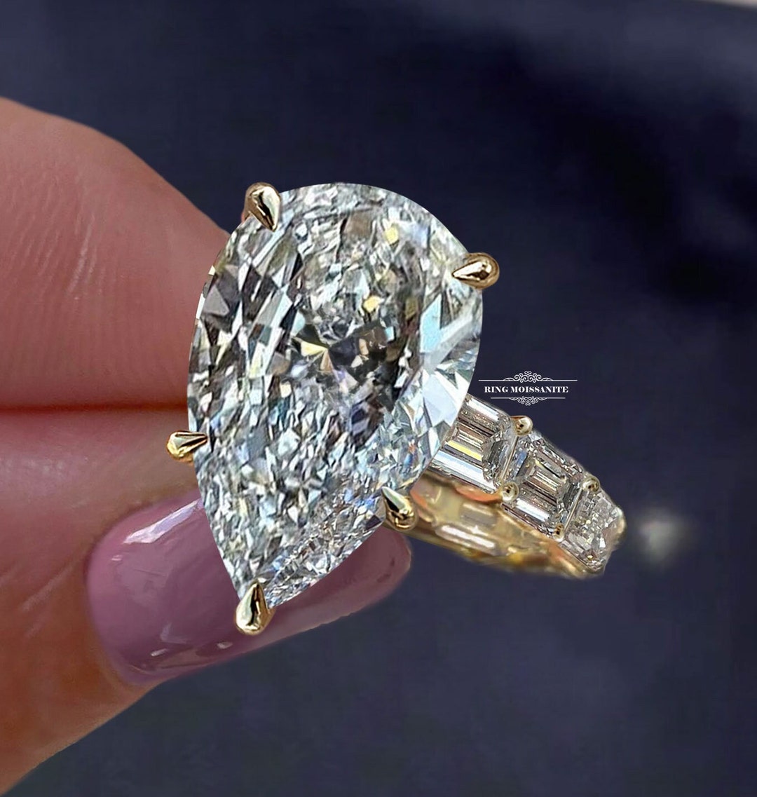 9 CT Pear Shaped Ring Pear Moissanite Engagement Ring Unique Wide Thick ...