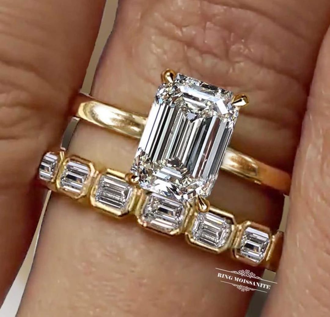 2CT Emerald Cut Engagement Ring Set Lab Grown Diamond Ring Bezel Set ...
