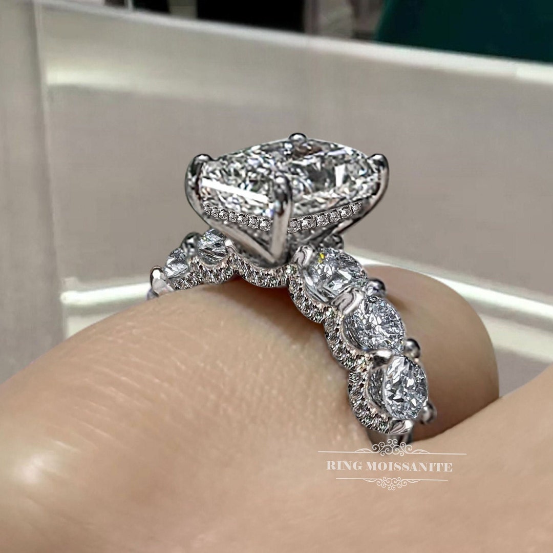Handmade 7.5 CTW Radiant Moissanite Engagement Ring: Hidden Halo, Wide ...