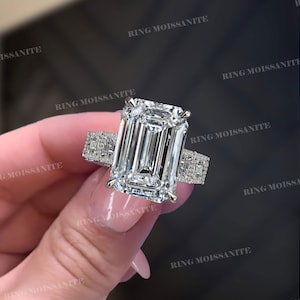 9.9 CT Large Emerald Cut Moissanite Ring Big Solitaire Emerald Cut Engagement Ring Hidden Halo ...