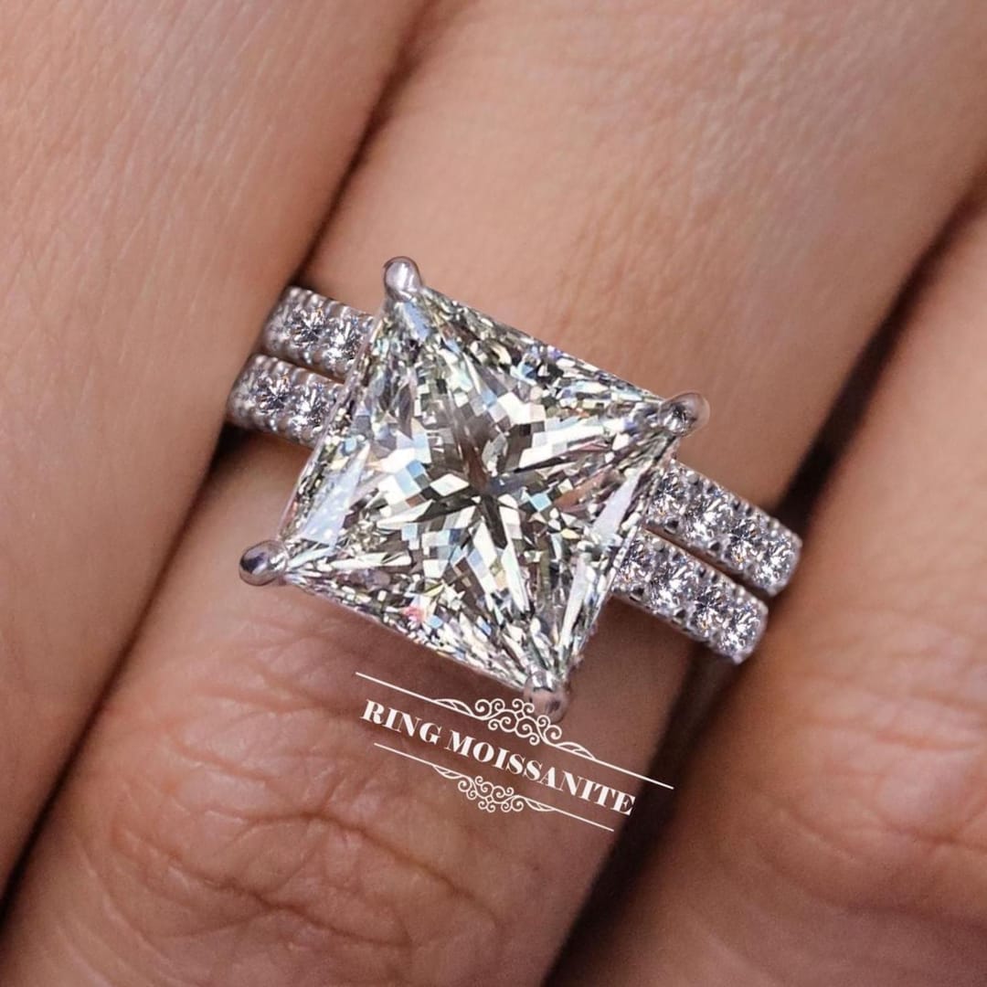 Princess Cut 5CT Lab Grown Diamond Engagement Ring Set, 14k White Gold ...