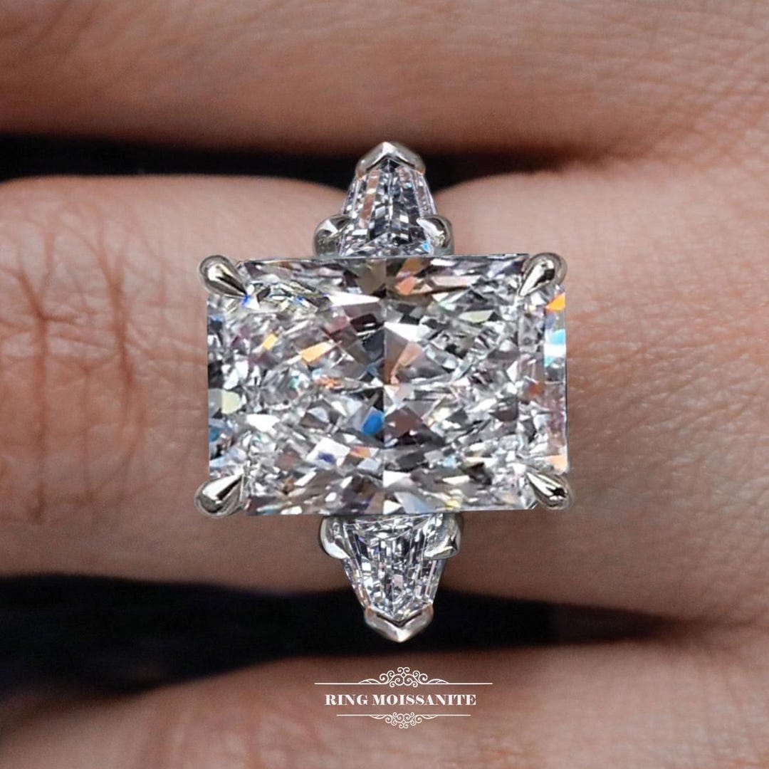Three Stone Radiant Cut Engagement Ring, 11.5 CT Big Radiant Moissanite ...