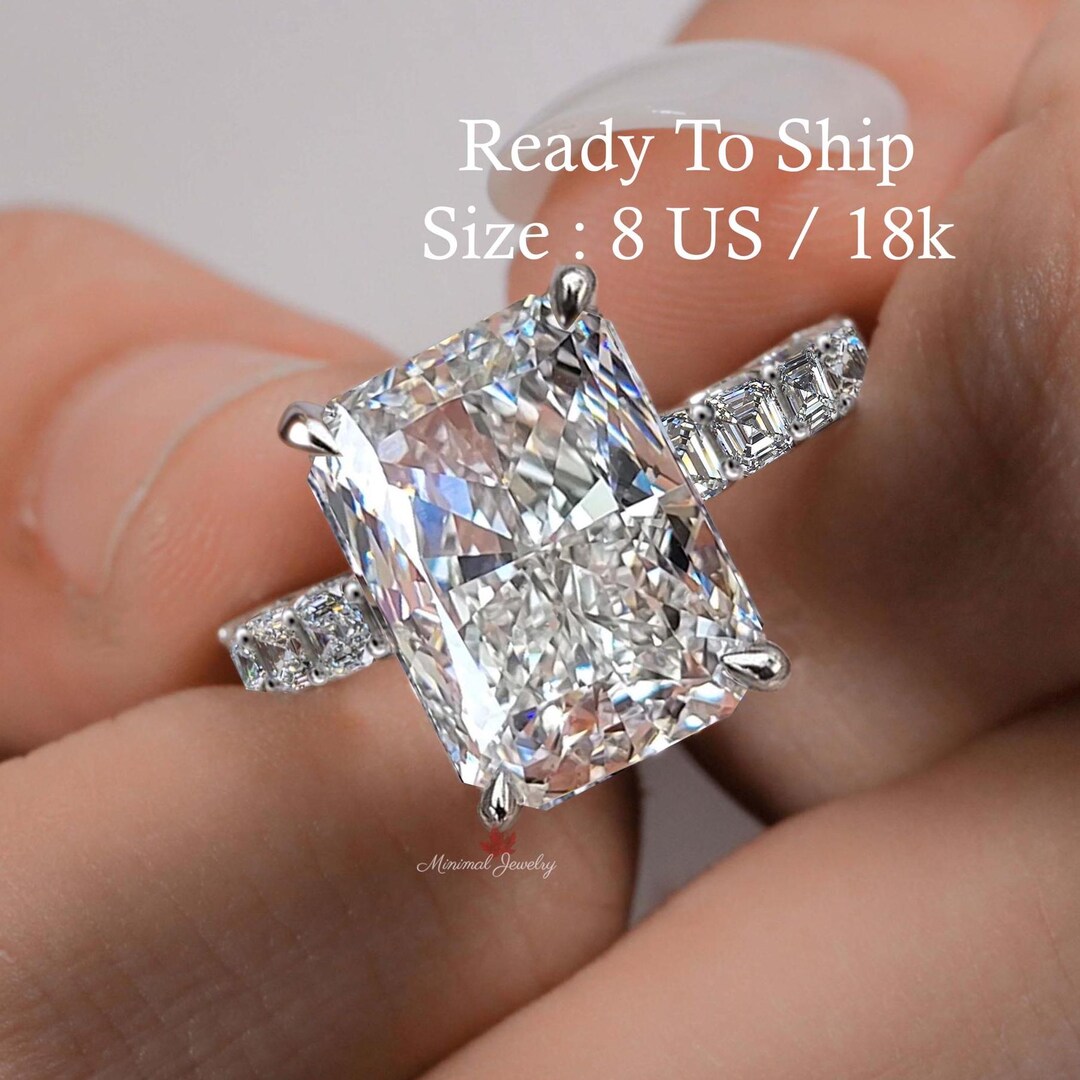 Moissanite Radiant Cut Ring 18k White Gold Hidden Halo Wide Band 13.2 ...