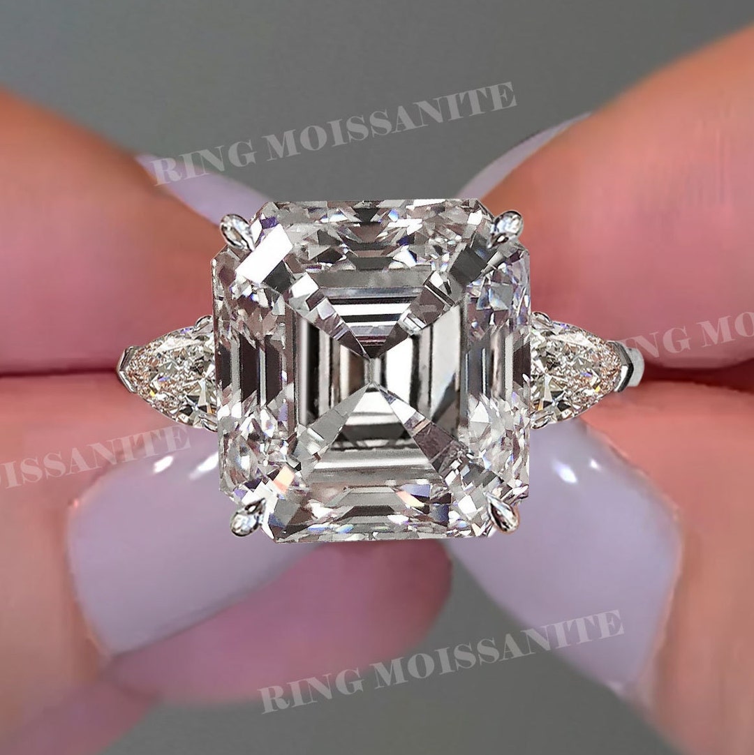 11 CT Asscher Cut Engagement Ring,three Stone Moissanite Asscher Ring ...