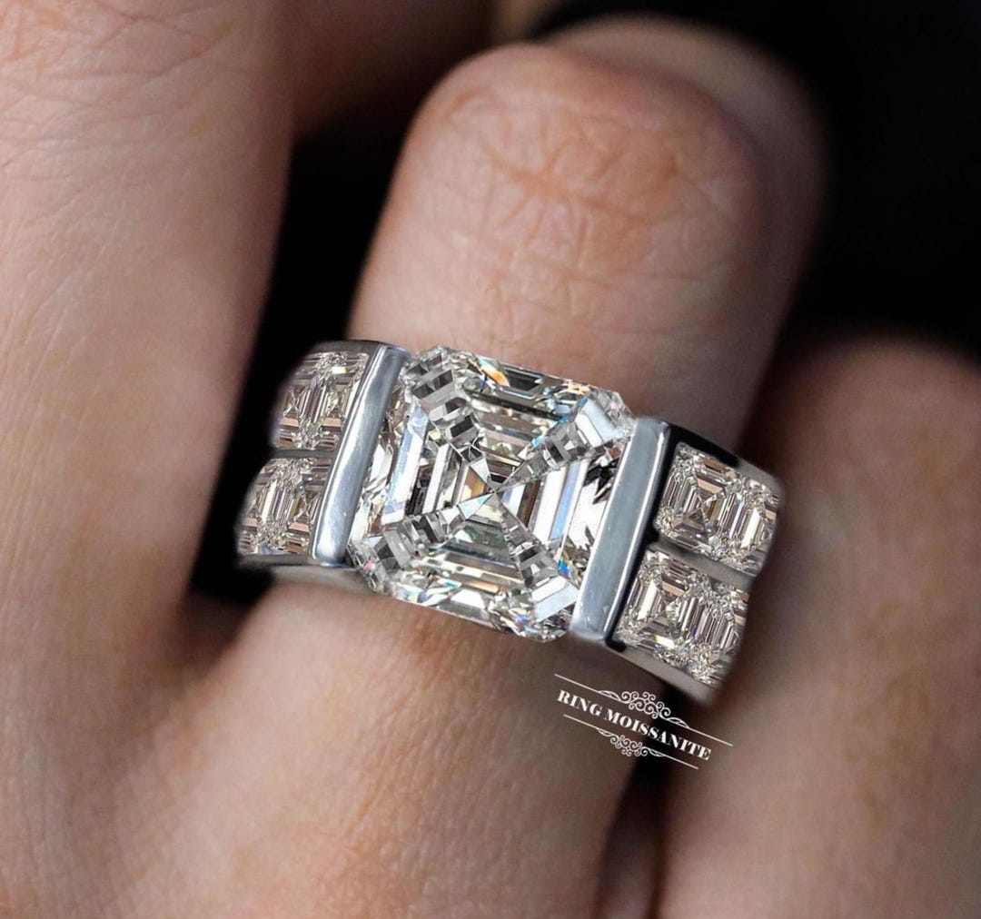 7 CT Asscher Cut Engagement Ring Bezel Set Large Moissanite Channel ...