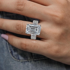 9.9 CT Large Emerald Cut Moissanite Ring Big Solitaire Emerald Cut Engagement Ring Hidden Halo ...