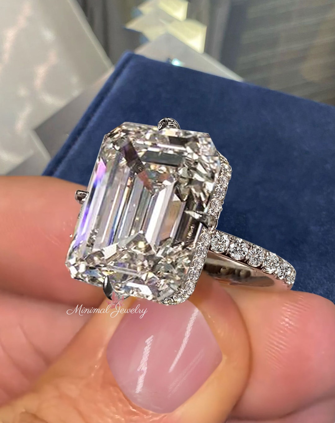 Large Emerald Cut Moissanite Ring Hidden Halo Solitaire 10 CT Emerald Cut Moissanite Engagement ...