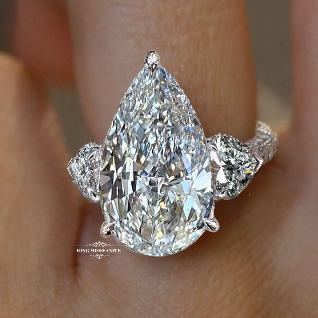 Three Stone Moissanite Pear Shaped Engagement Ring,unique 10.9 TCW Huge ...