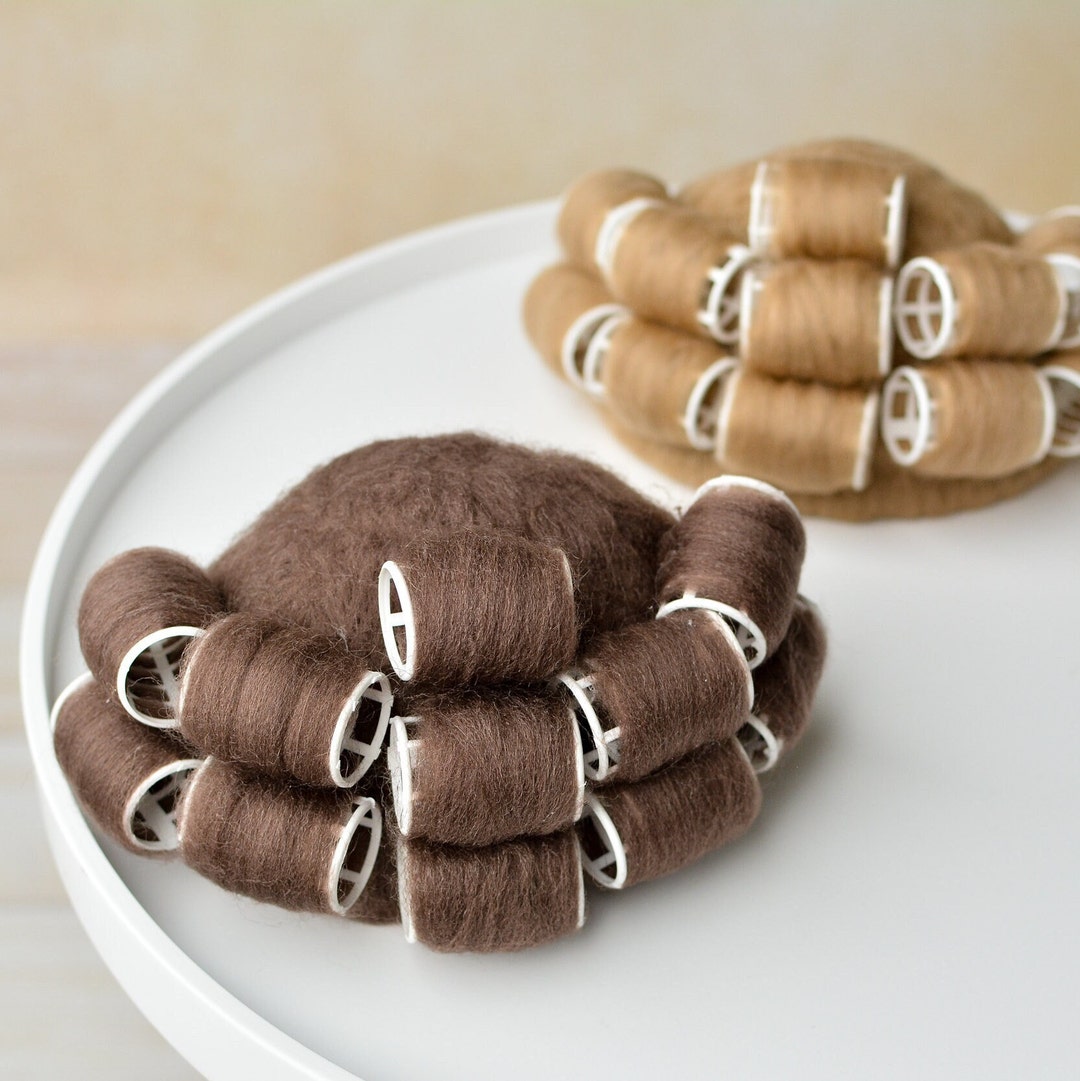 Newborn Felted Wig Baby Girl Wig With Curlers Brown Wig Hat Beige Wool ...