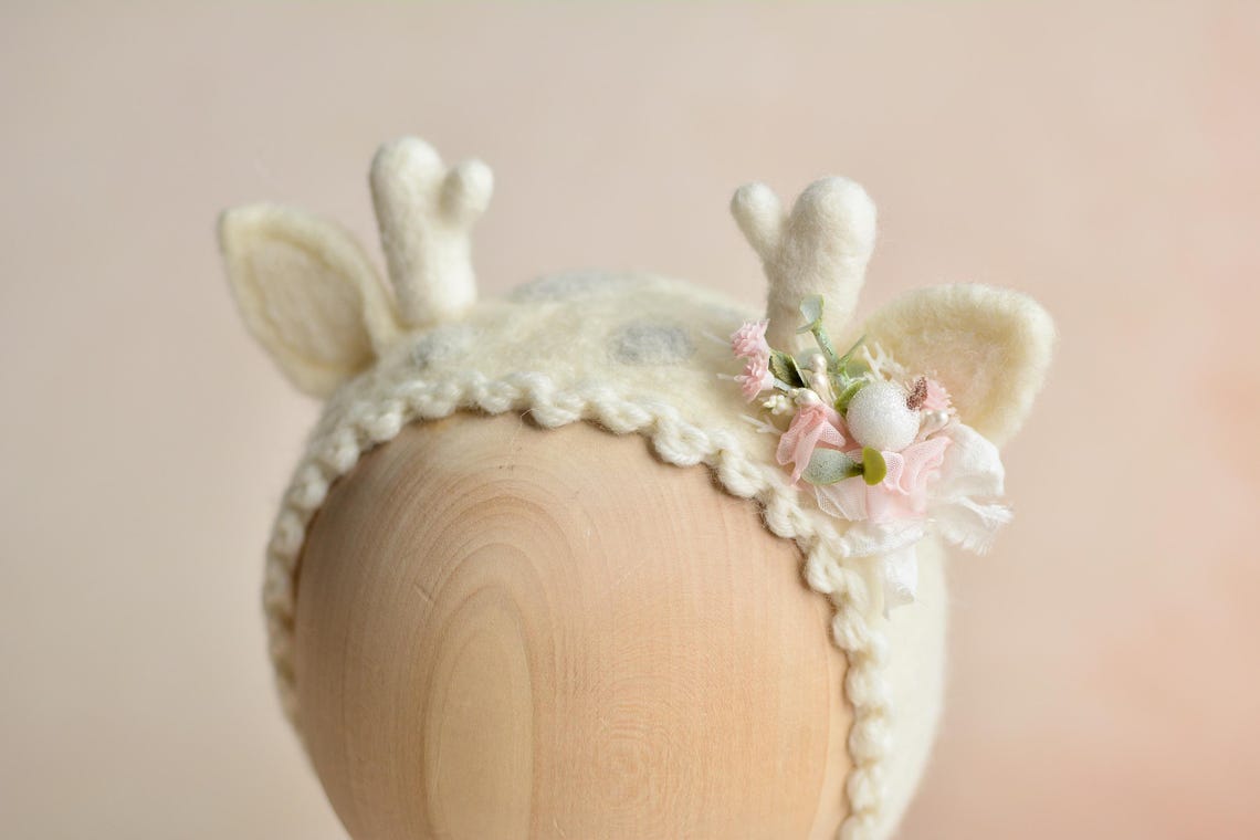 Newborn Deer Props Set of Bonnet and Felted Deer Toy Baby Coming Home ...