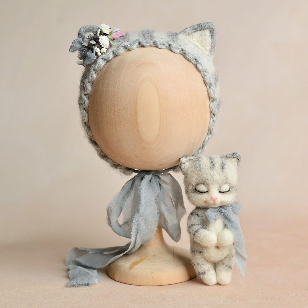 Newborn Cat Props Set of Bonnet and Felted Cat Toy Kitty Ears Hat Baby ...