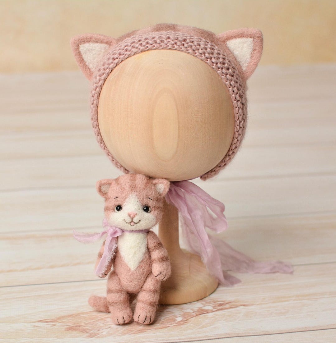 Newborn Cat Props Set of Bonnet and Felted Cat Toy Kitty Ears Hat Baby ...