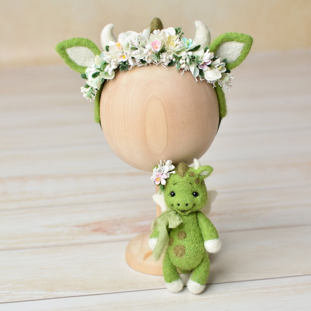 Newborn Dragon Props, Green Set of Headband and Felted Dragon Toy, Girl ...