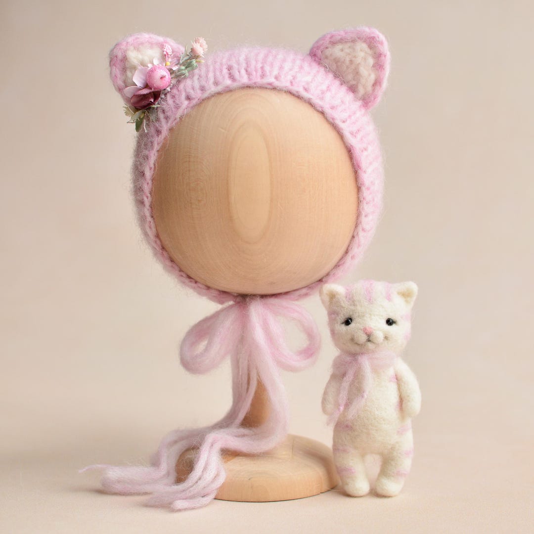 Newborn Cat Set, Pink Knitted Bonnet, Felted Kitten Toy, Baby Coming ...