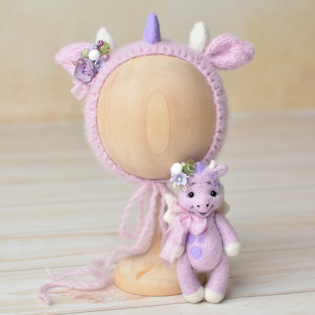 Newborn Dragon Props Set of Bonnet and Wool Dragon Toy Purple Felted ...