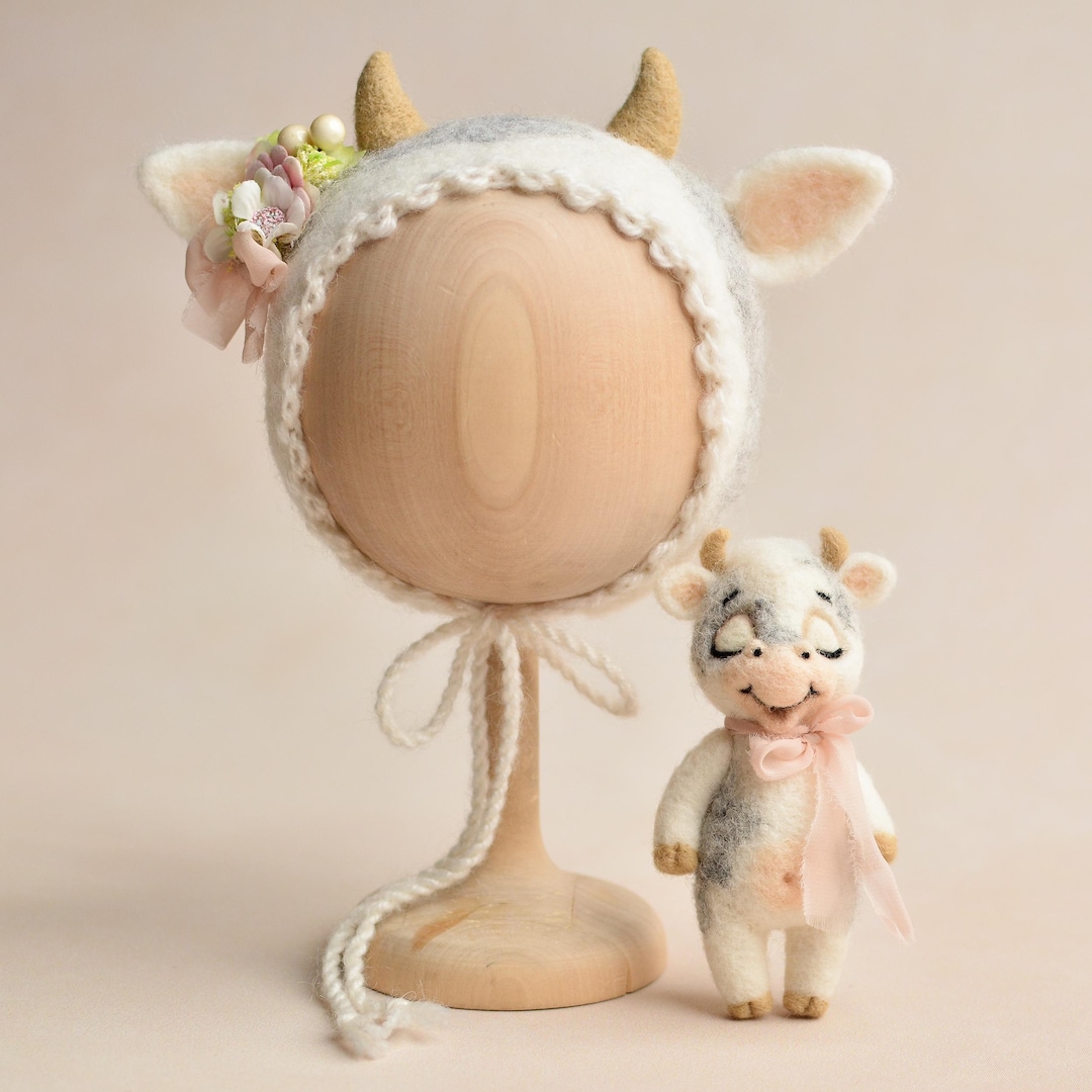 Newborn Bull Set, Bonnet With Horns, Felted Bull Toy, Baby Coming Home ...