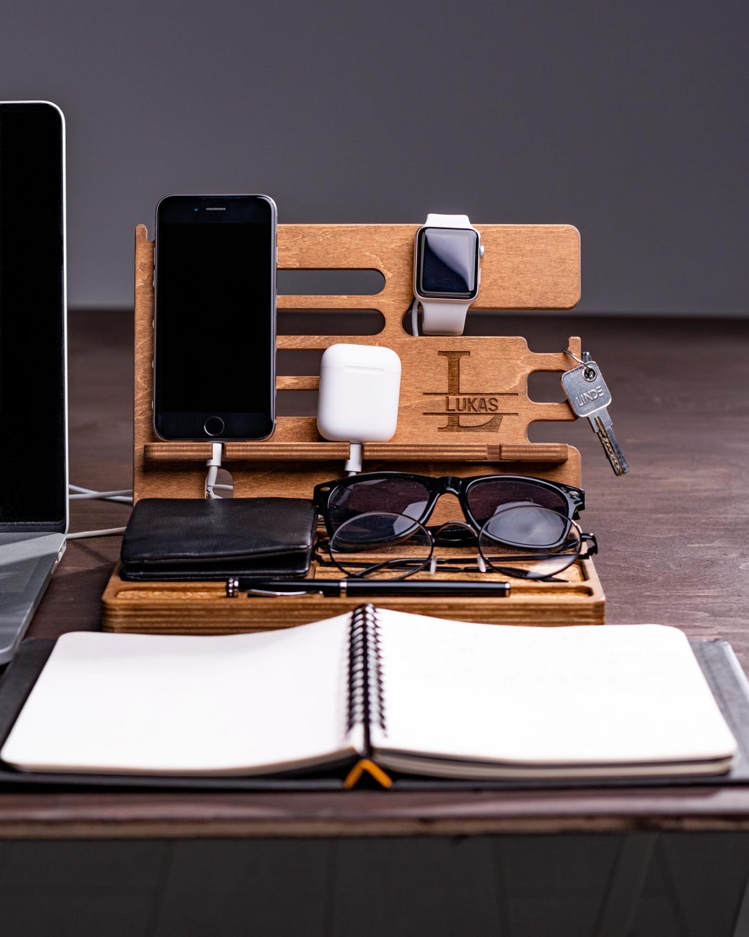 Compact Wooden Desk Organizer | Small Space Phone Stand | Minimalist ...