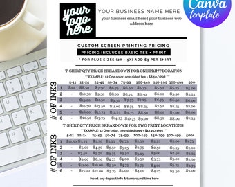 Screen Printing PRICE LIST Template Editable. Printable Price Sheet ...