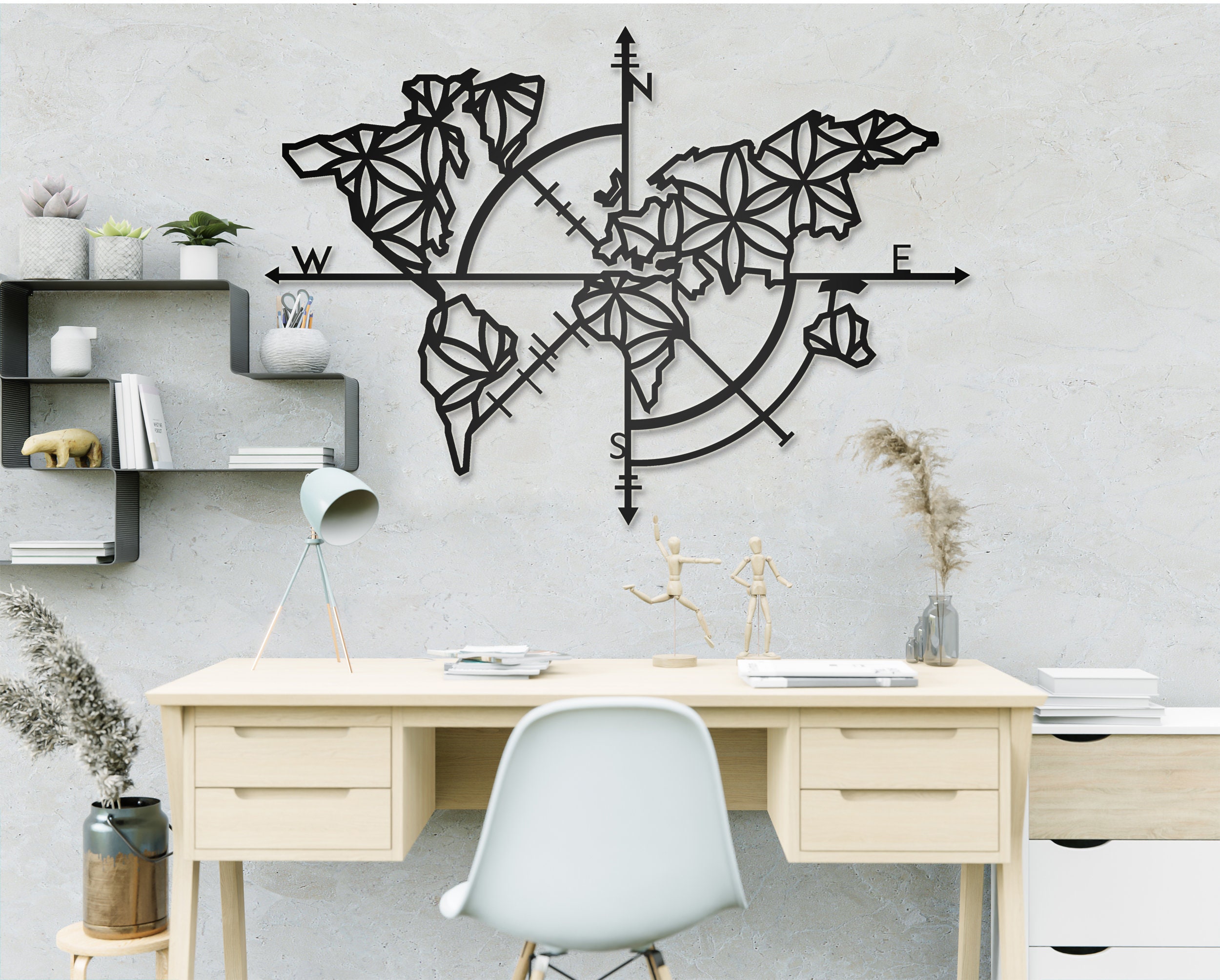 Large Wall Map, Wall Compass, Minimal Wall Art, Mimal Wall Map, Laser ...