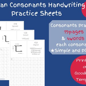 Korean Handwriting Practice Sheets consonants Ver - Etsy