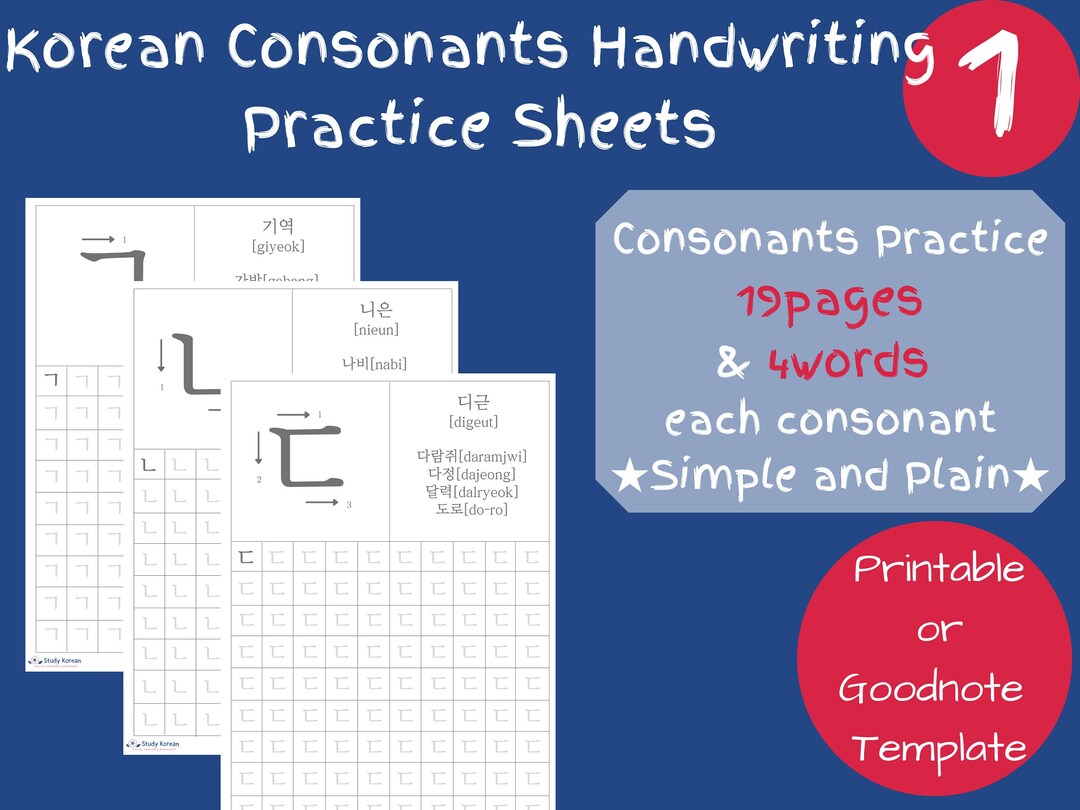 Korean Handwriting Practice Sheets (consonants Ver) - Etsy