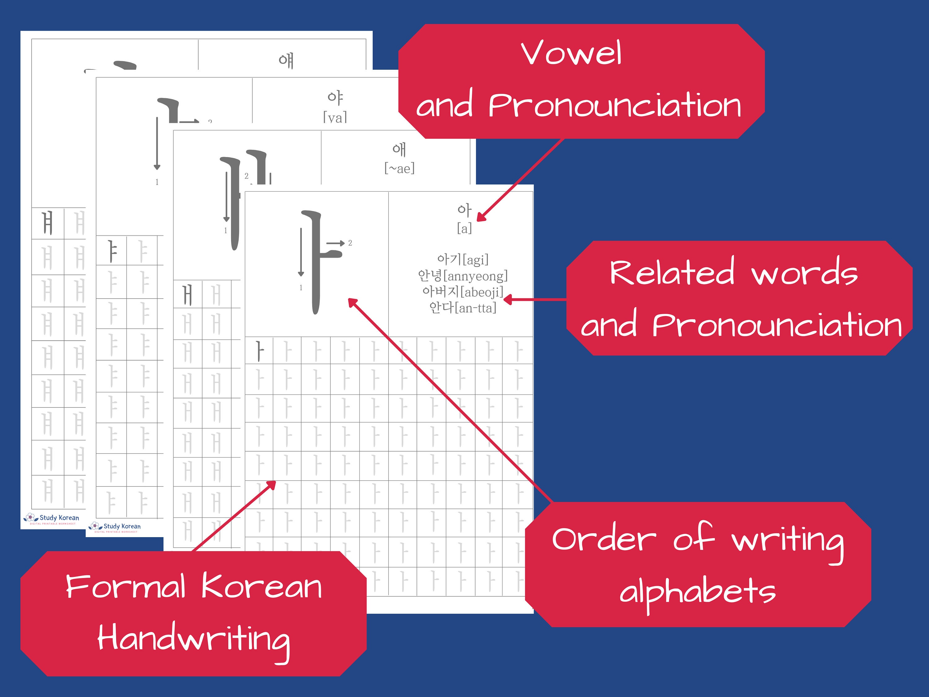 Korean Alphabet Handwriting Practice Sheets vowels Ver - Etsy