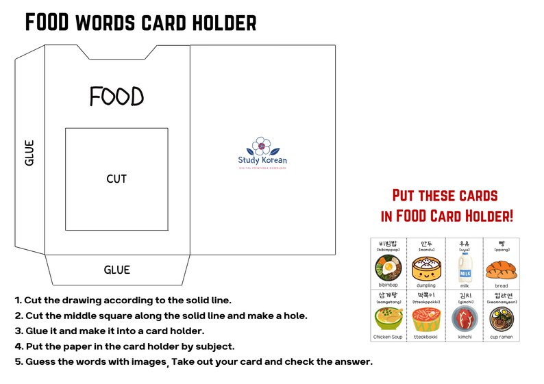 Printable Korean Word Flash Cards With 100 Images Card Holder / Learn ...