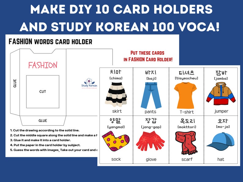 Printable Korean Word Flash Cards With 100 Images Card Holder / Learn ...