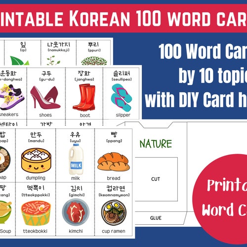 Printable Korean Word Flash Cards With 100 Images Card Holder - Etsy