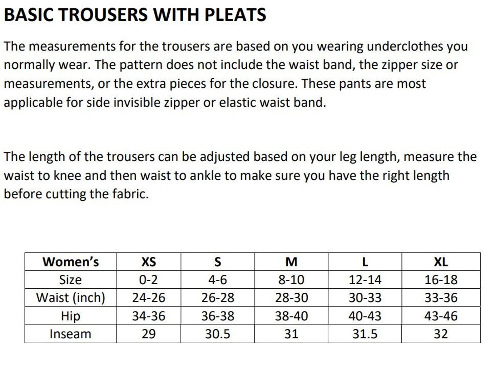 Basic Trousers Pattern With Pleats - Etsy