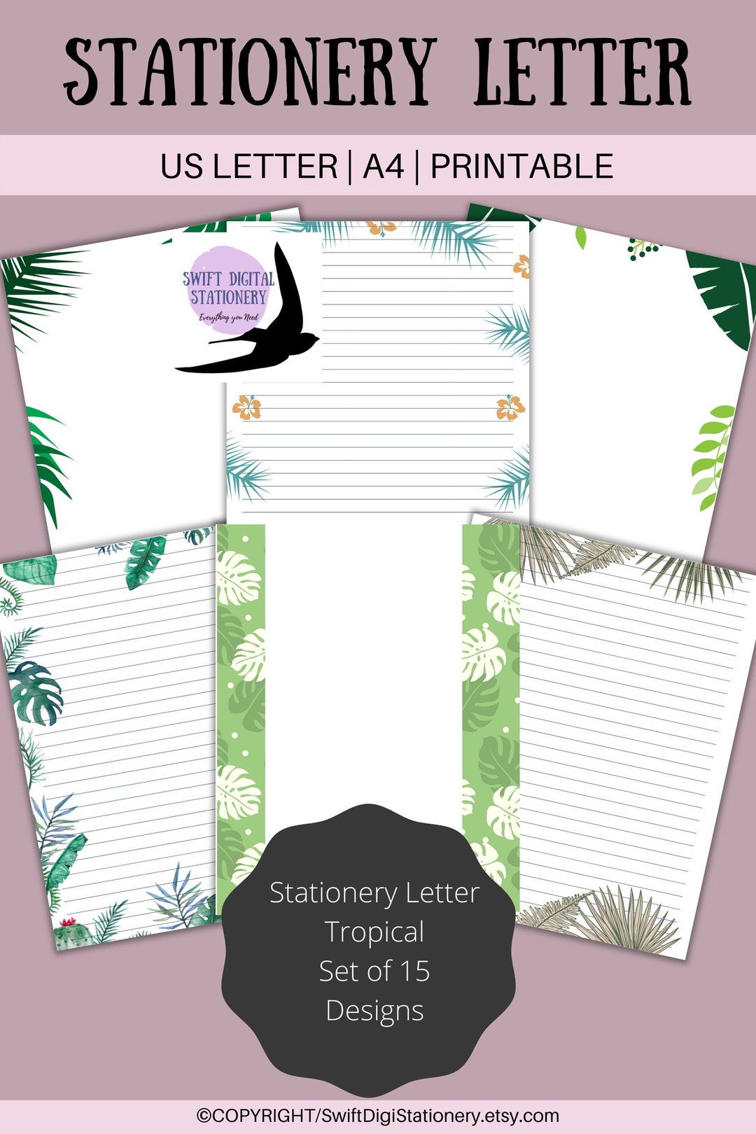 Printable Stationery Tropical Stationery Paper Tropical Lined and ...