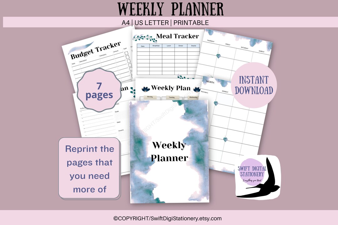 Weekly Planner Printable A4 & US Letter, Weekly Planner Blue Floral ...