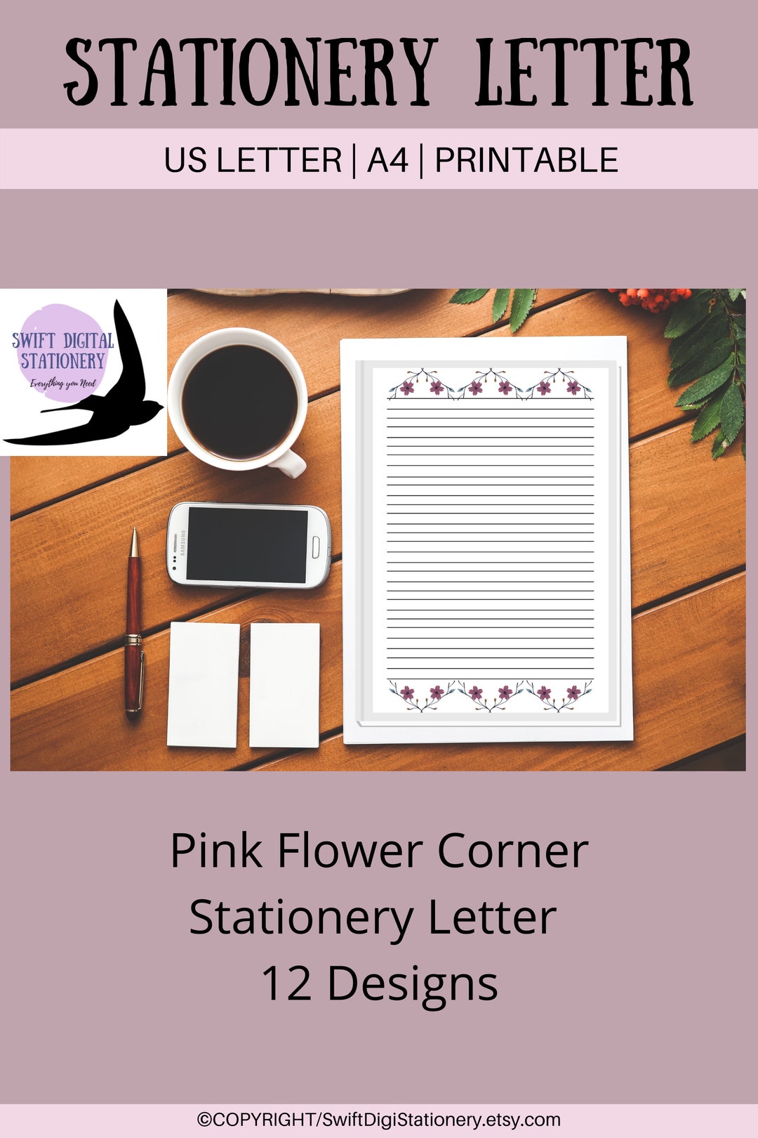 Stationery Letter Pink Flower Corner Set of 12 Designs - Etsy