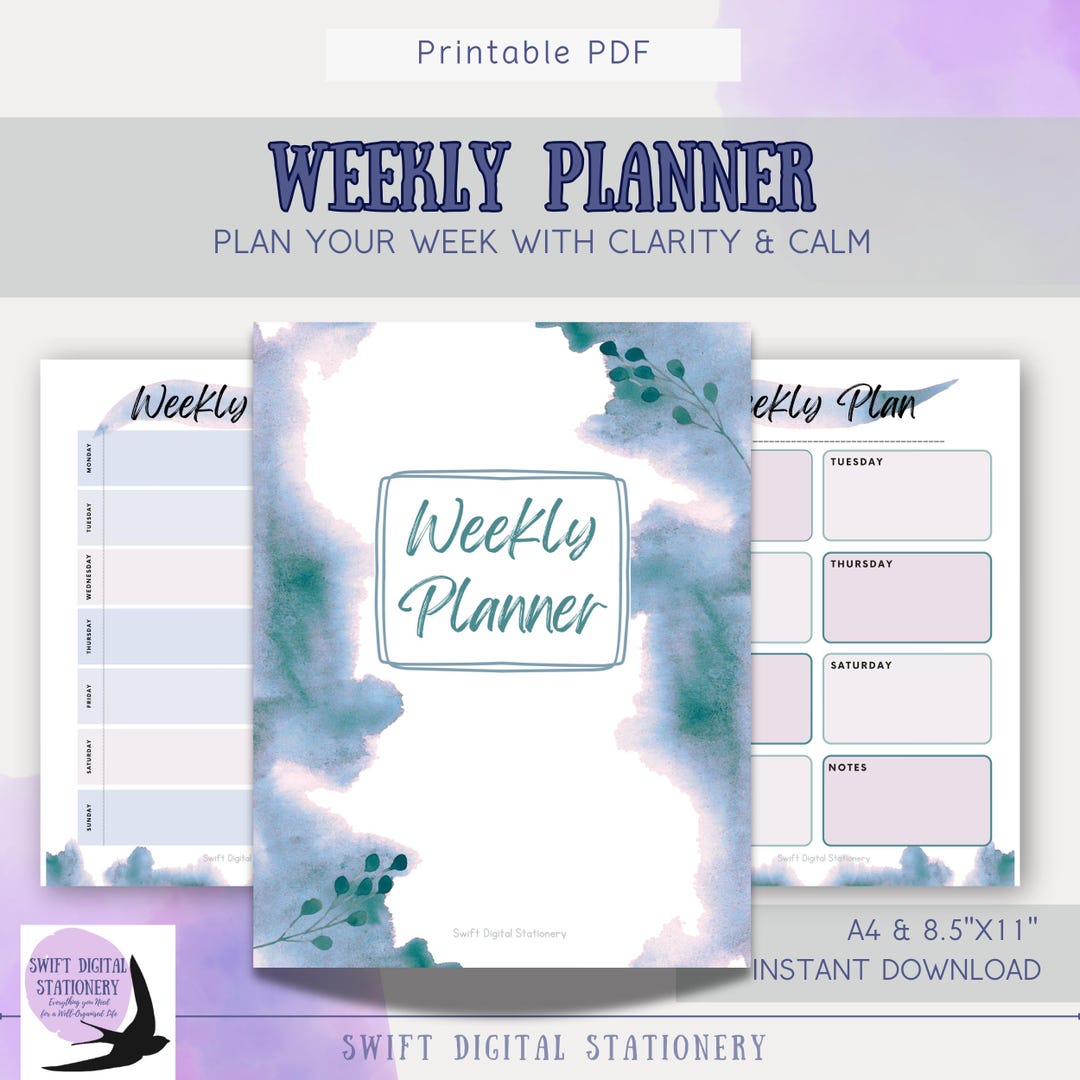 Watercolor Digital Planner, Printable Monthly Weekly Daily Planner ...