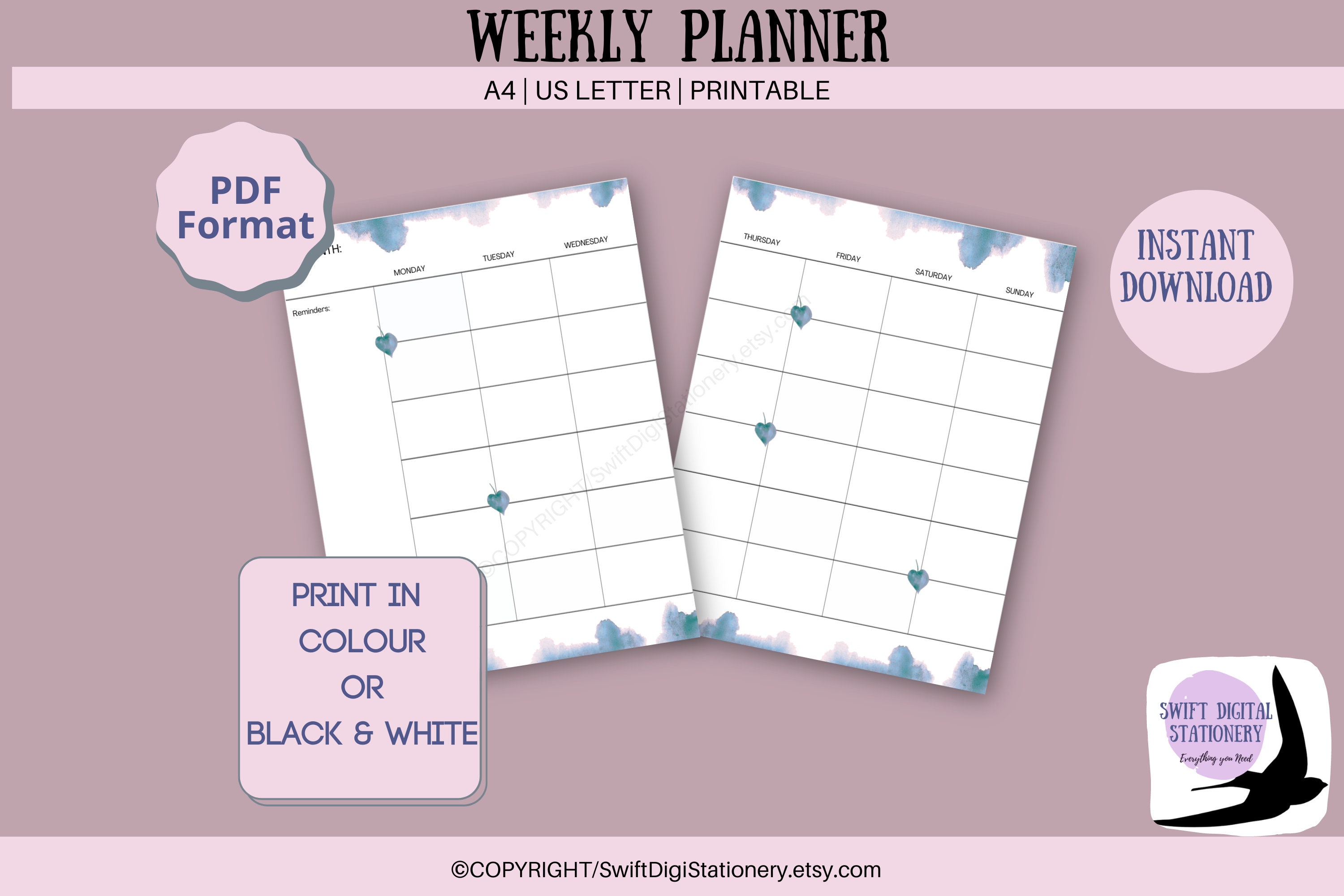 Weekly Planner Printable A4 & US Letter, Weekly Planner Blue Floral ...