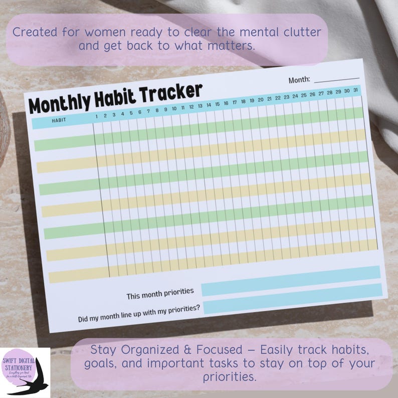 Printable Monthly Habit Tracker Digital Self-care & Routine Planner for ...
