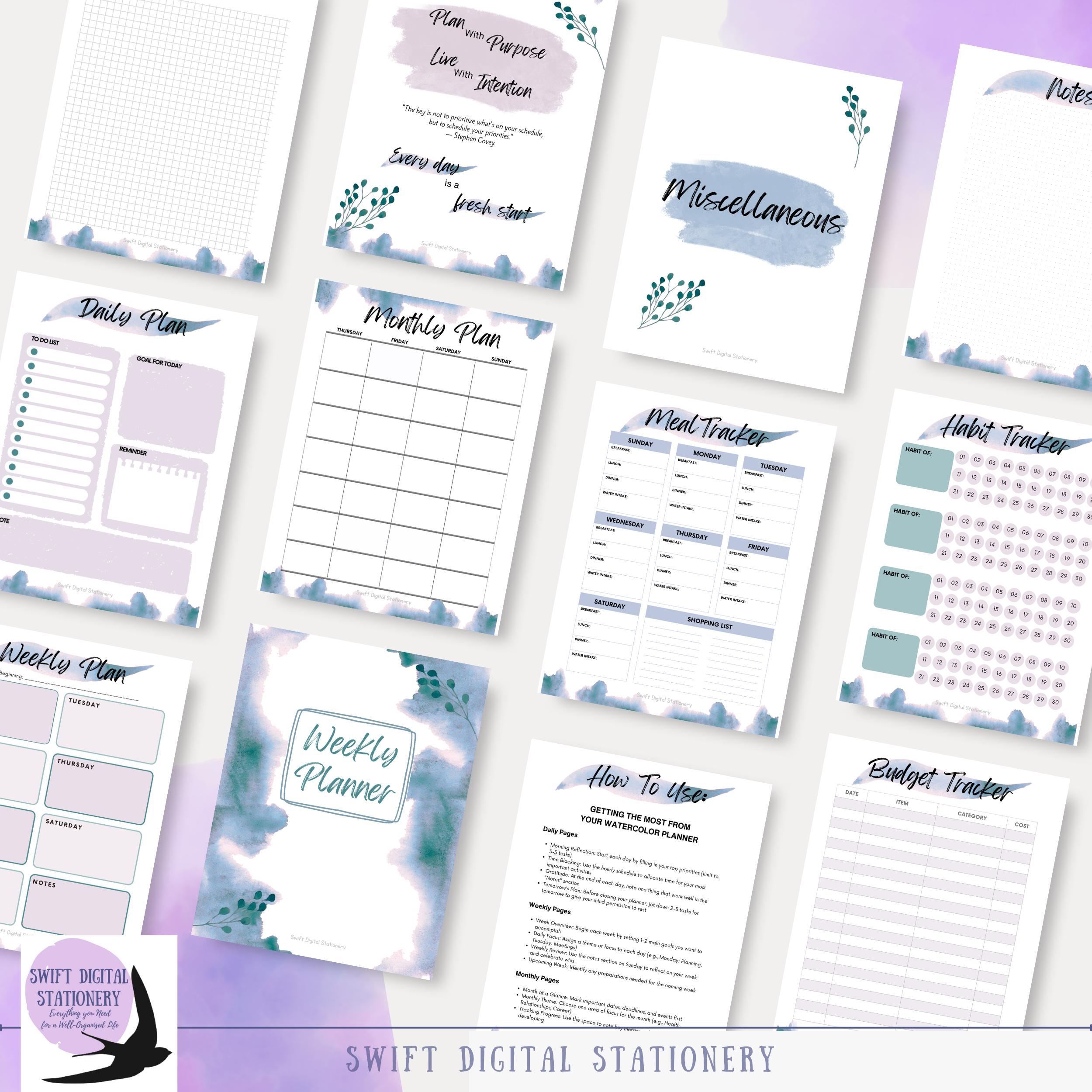 Watercolor Digital Planner, Printable Monthly Weekly Daily Planner ...