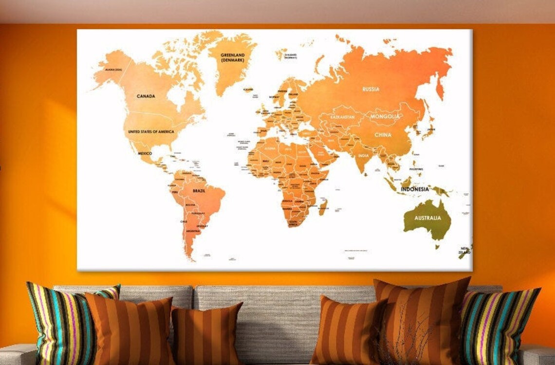 Mapa de color naranja Mapa del mundo naranja push pin mapa | Etsy