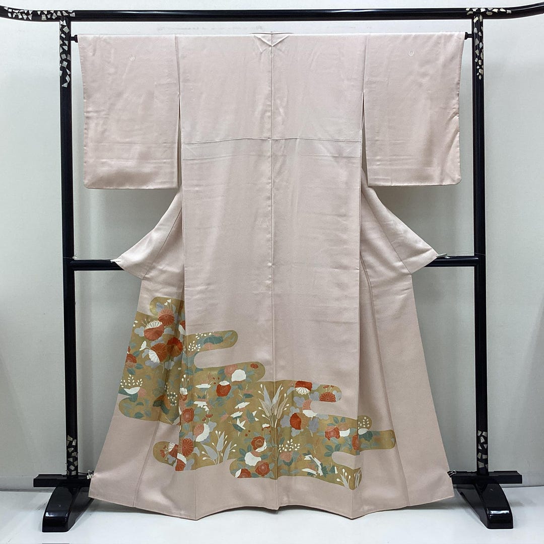 K435 Vintage Silk Wedding Kimono (irotomesode): Light Beige Gold Processing Embroidery / Mist ...